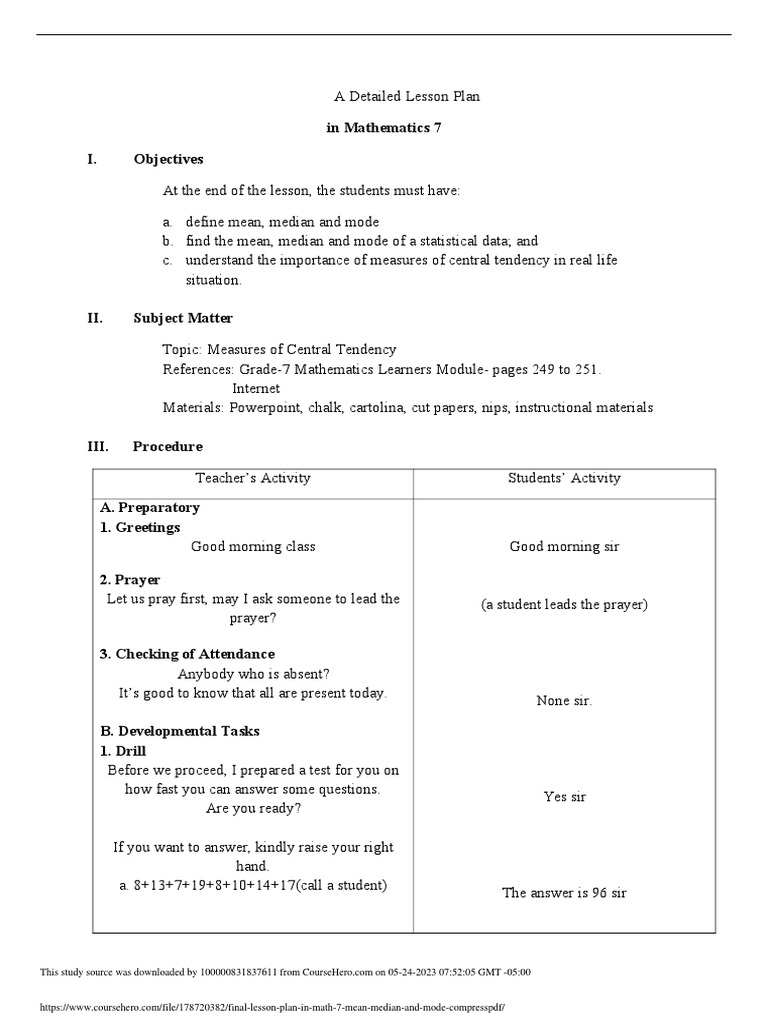 Final Lesson Plan in Math 7 Mean Median and Mode Compress.pdf | PDF ...