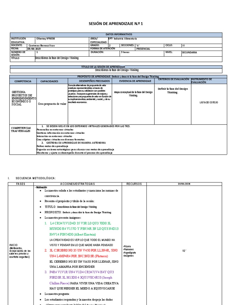 SESIÓN DE APRENDIZAJE de DESIGN THINKING | PDF
