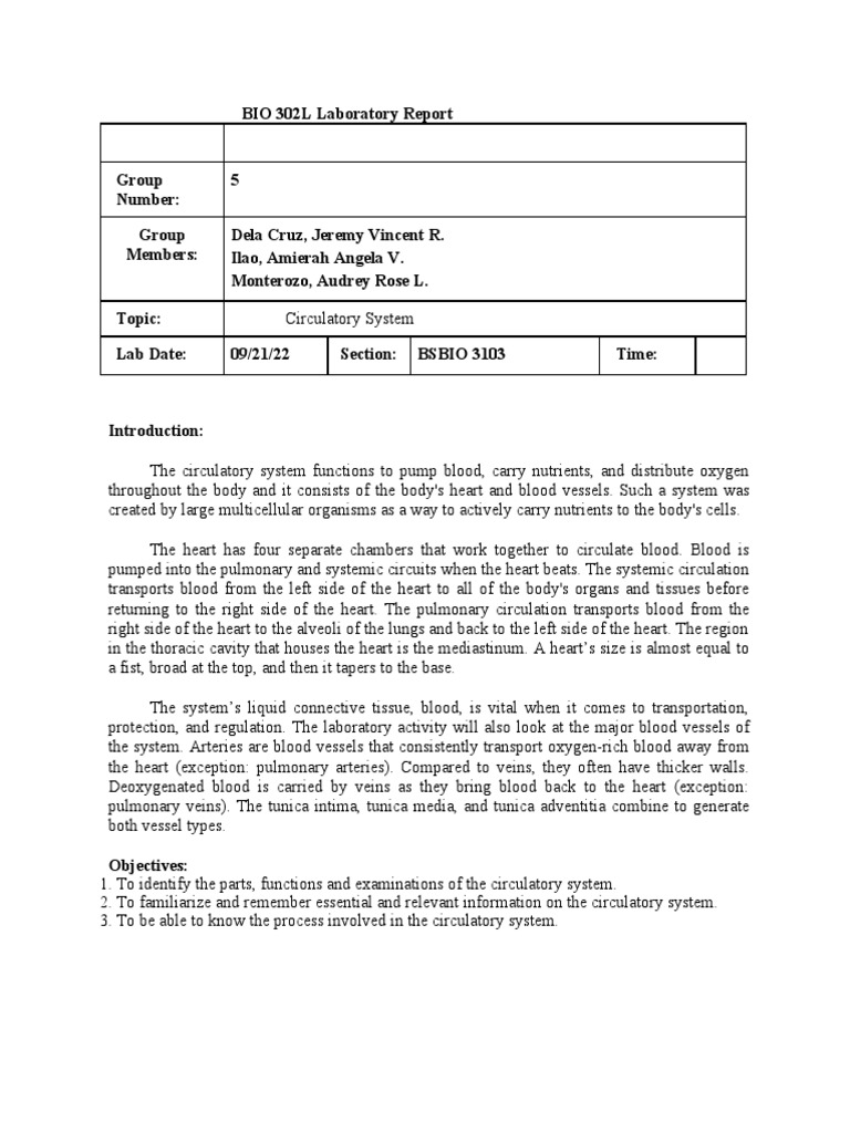 BIO 302L Laboratory Report - Circulatory System - Group 5 | PDF | Heart ...