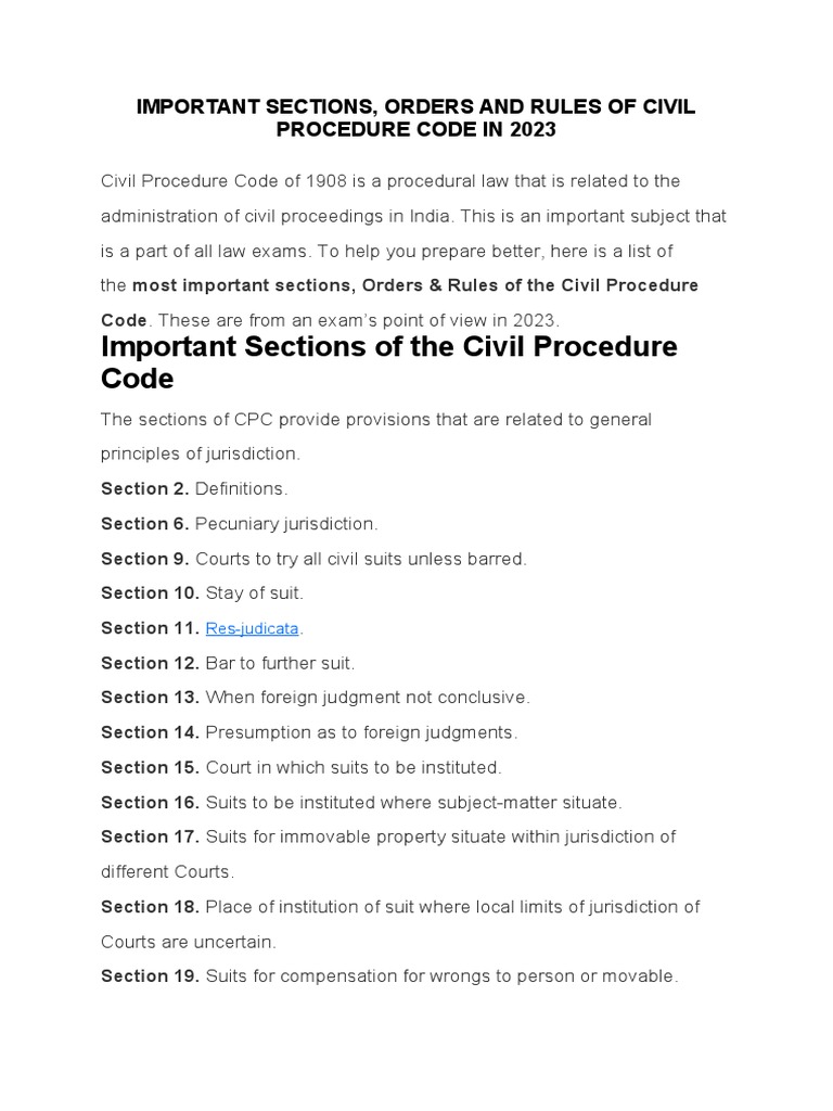 IMPORTANT SECTIONS and order of CPC | PDF | Lawsuit | Pleading