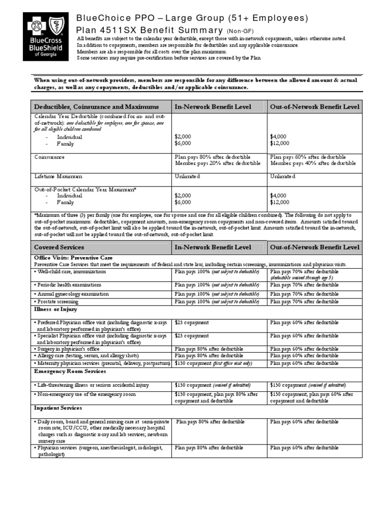I A Bluechoice Ppo - Large Group (51+ Employees) Plan 4511Sx Benefit ...