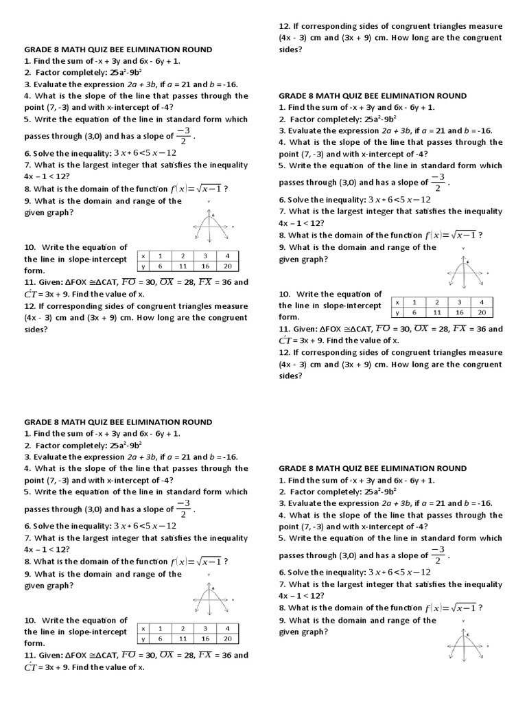 Grade 8 Math Quiz Bee Elimination Round | PDF | Triangle | Angle Grade 8 Math Quiz Bee Elimination Round | PDF | Triangle | Angle
