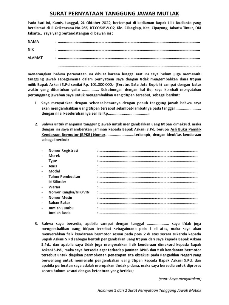 Surat Pernyataan Tanggung Jawab Mutlak | PDF