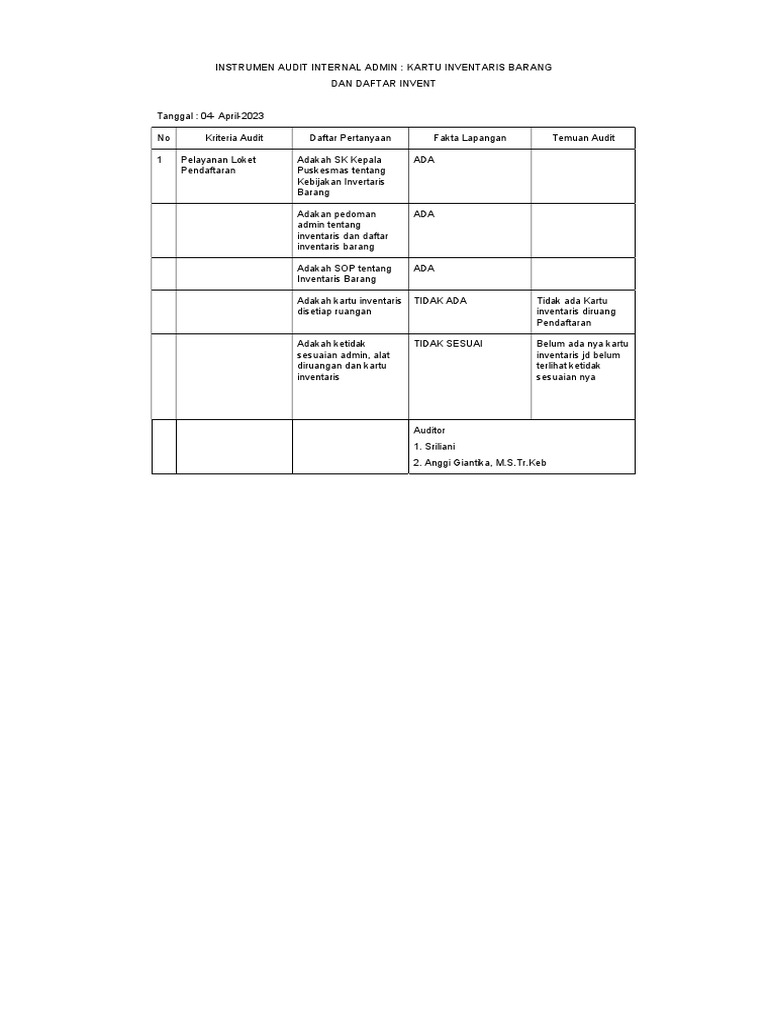 Instrumen Audit Internal Admin | PDF
