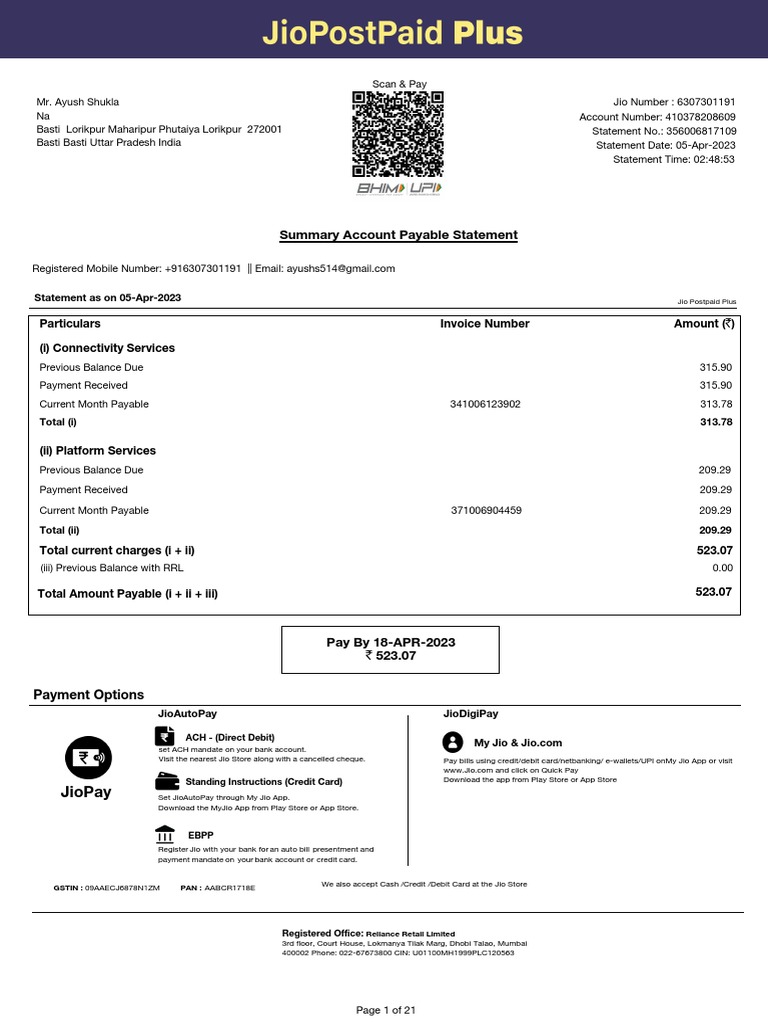 Jio Postpaid Plus Bill Statement | PDF | Credit Card | Debit Card