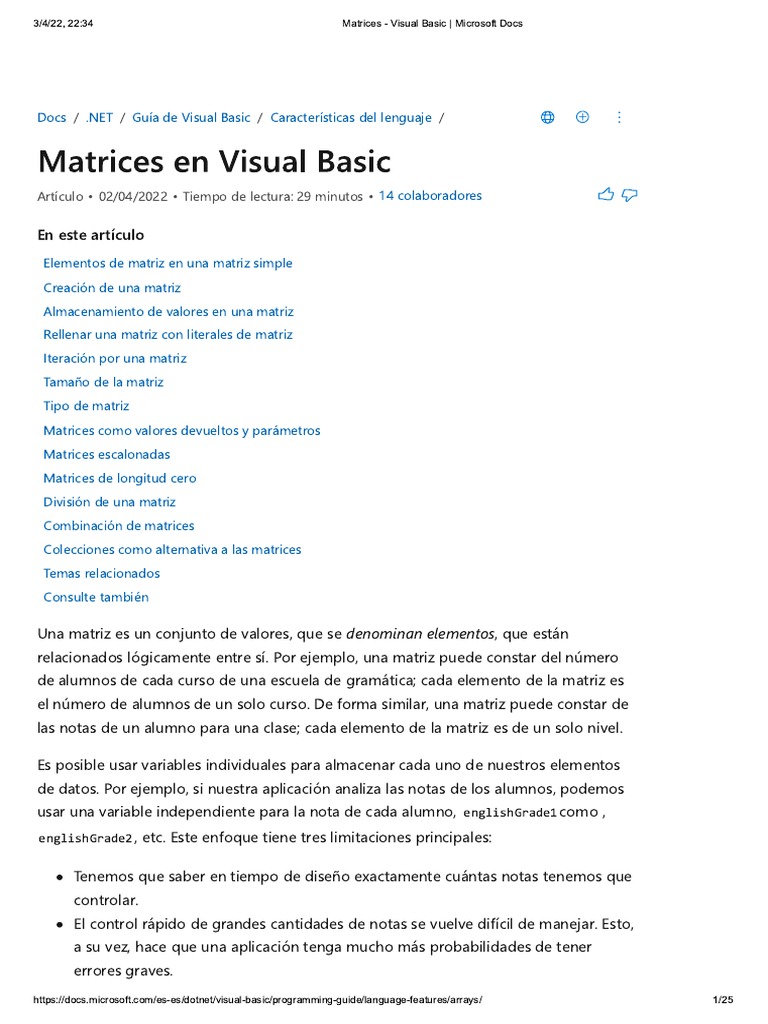Matrices Visual Basic Microsoft Docs Pdf 
