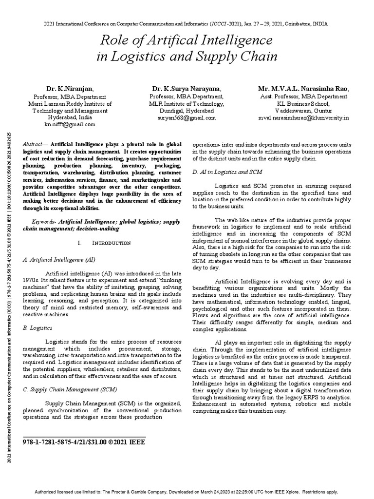 Role Of Artifical Intelligence In Logistics And Supply Chain Pdf