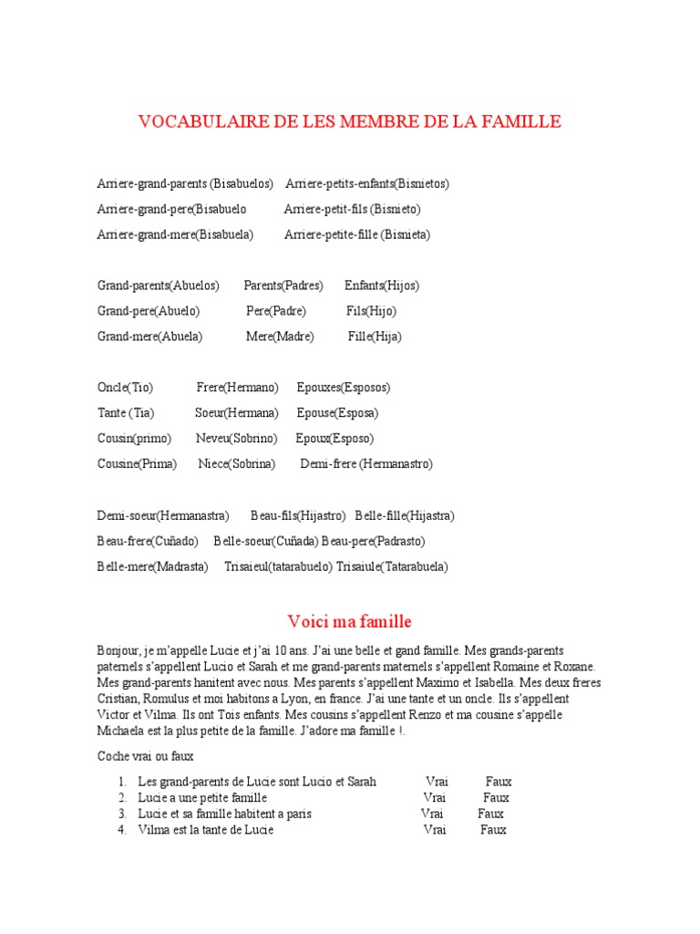 Vocabulaire des membres de la famille | PDF