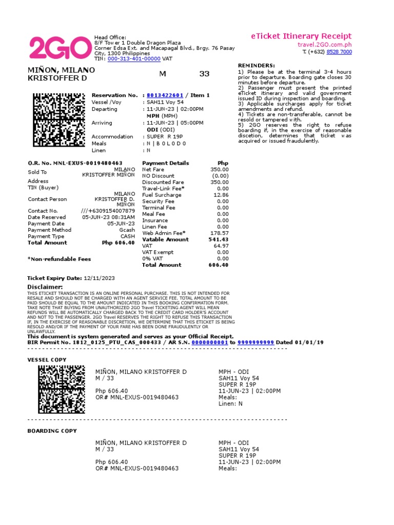 2GO Travel - Itinerary Receipt Cat-Odio | PDF