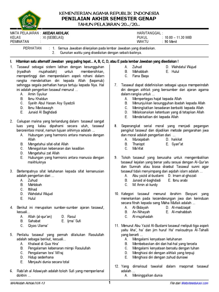 Soal PAT Kelas XI - Akidah Akhlak | PDF