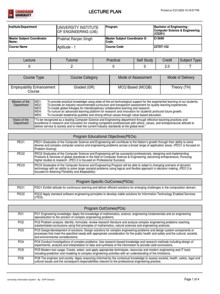 LecturePlan CS201 22TDT-152 | PDF