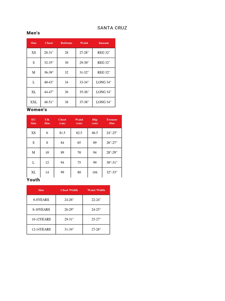 Santa Cruz Clothing Size Guide | PDF