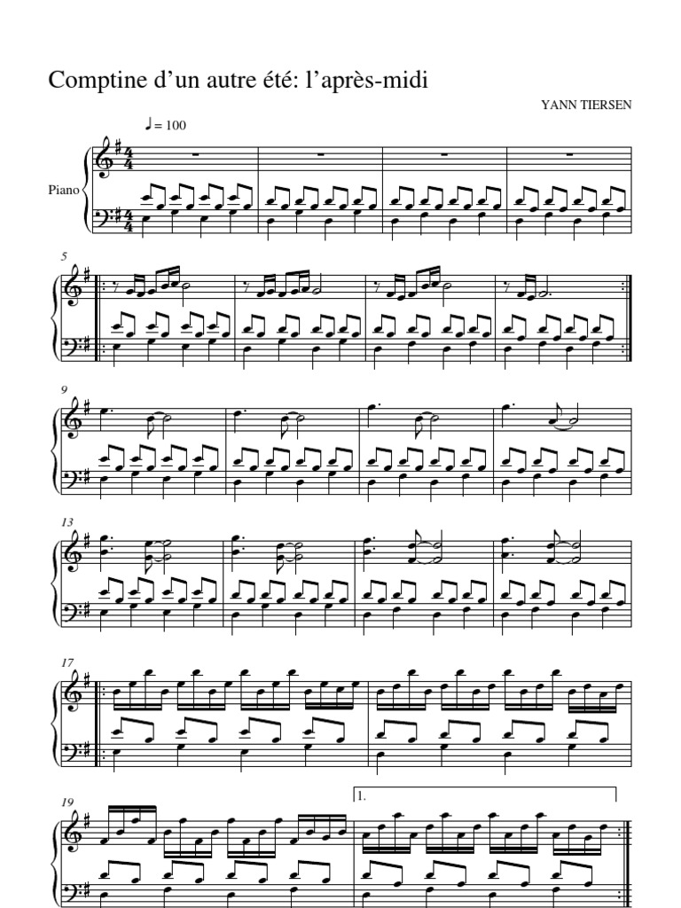 Comptine Dun Autre Ete Lapres Midi Yann Tiersen Piano Sheet Music Pdf
