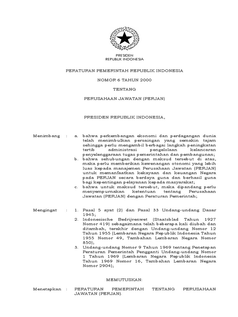 PP 006 Tahun 2000 Tentang Perusahaan Jawatan (Perjan) | PDF