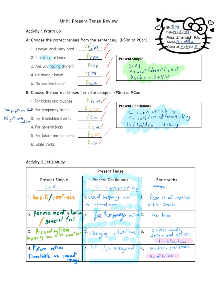 Unit1 Present Tense Review Worksheet. | PDF