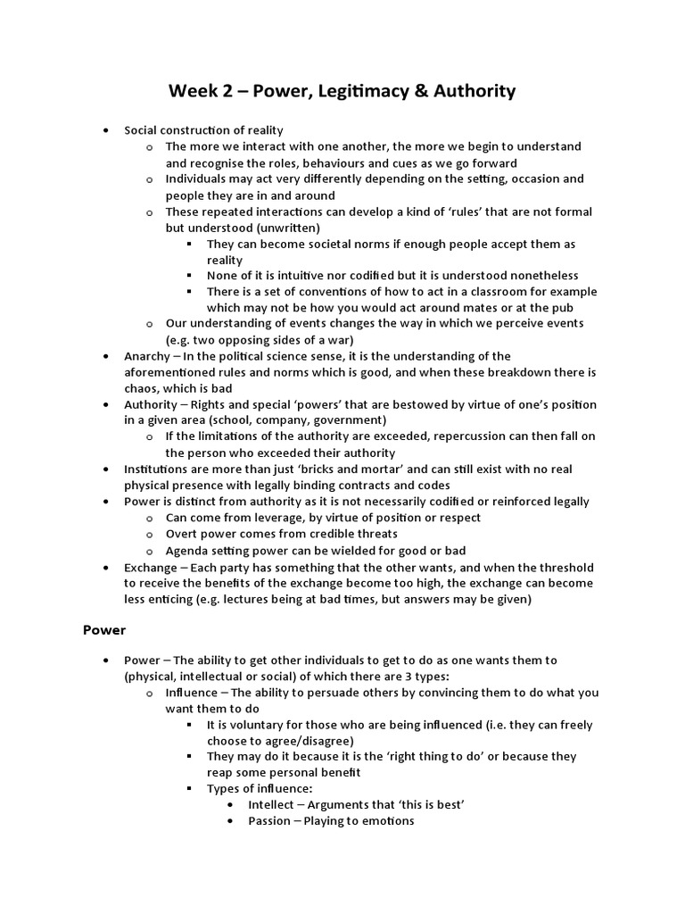 Week 2 Power Legitimacy Authority PDF Power Social And