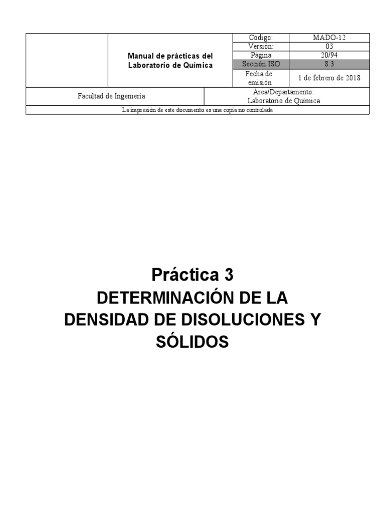 Práctica 3 Determinación de La Densidad de Disoluciones y Sólidos | PDF