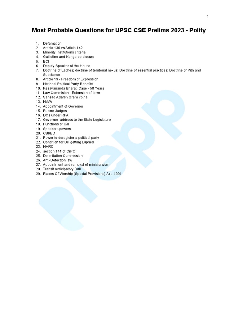 Most Probable Questions For UPSC CSE Prelims 2023 - Polity | PDF ...
