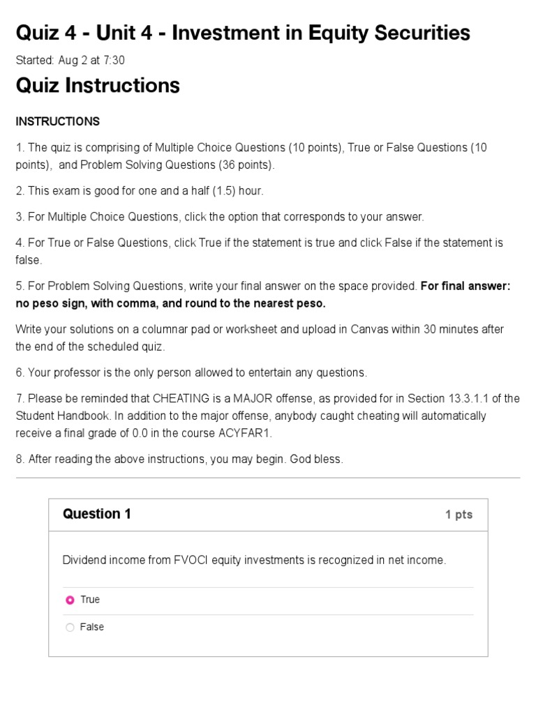 Quiz 4 - Unit 4 - Investment in Equity Securities Quiz Instructions ...