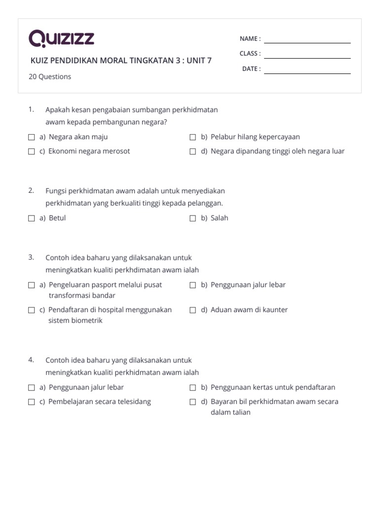 KUIZ PENDIDIKAN MORAL TINGKATAN 3 - UNIT 7 - Print - Quizizz | PDF