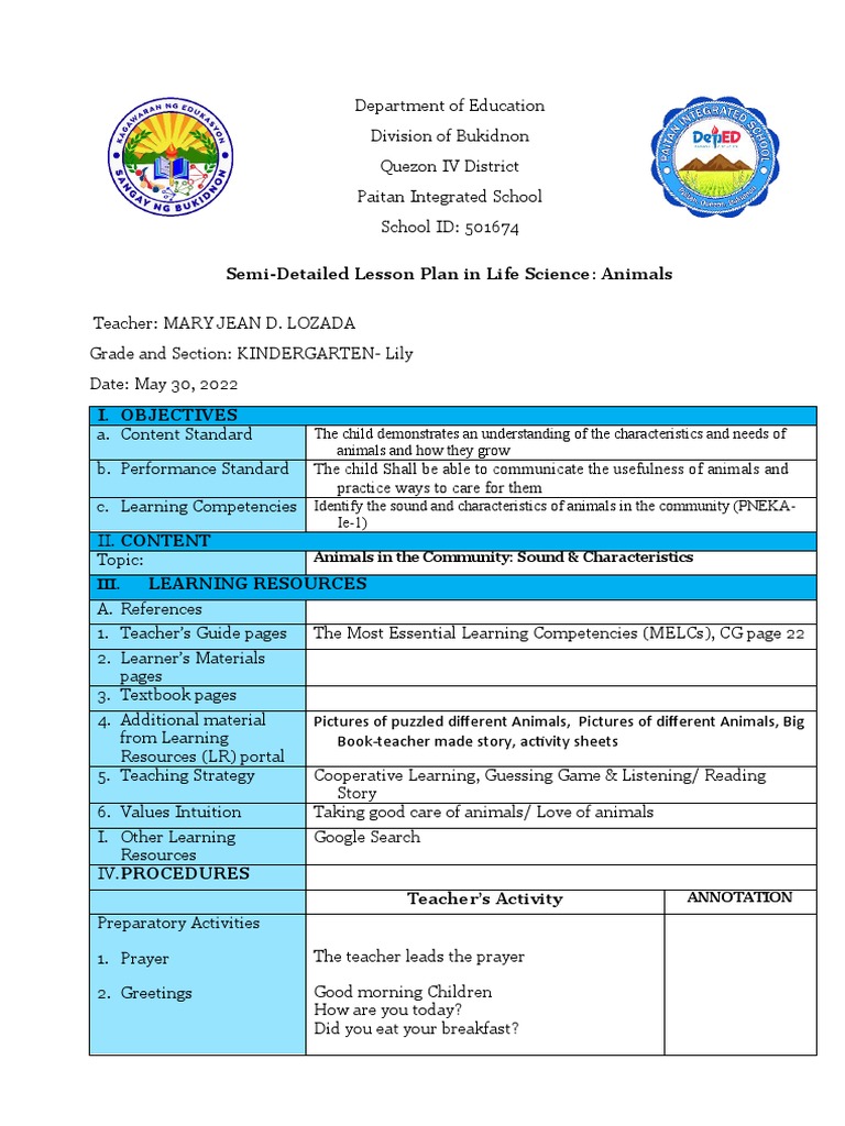 Lesson Plan Kinder Pdf Learning Teachers