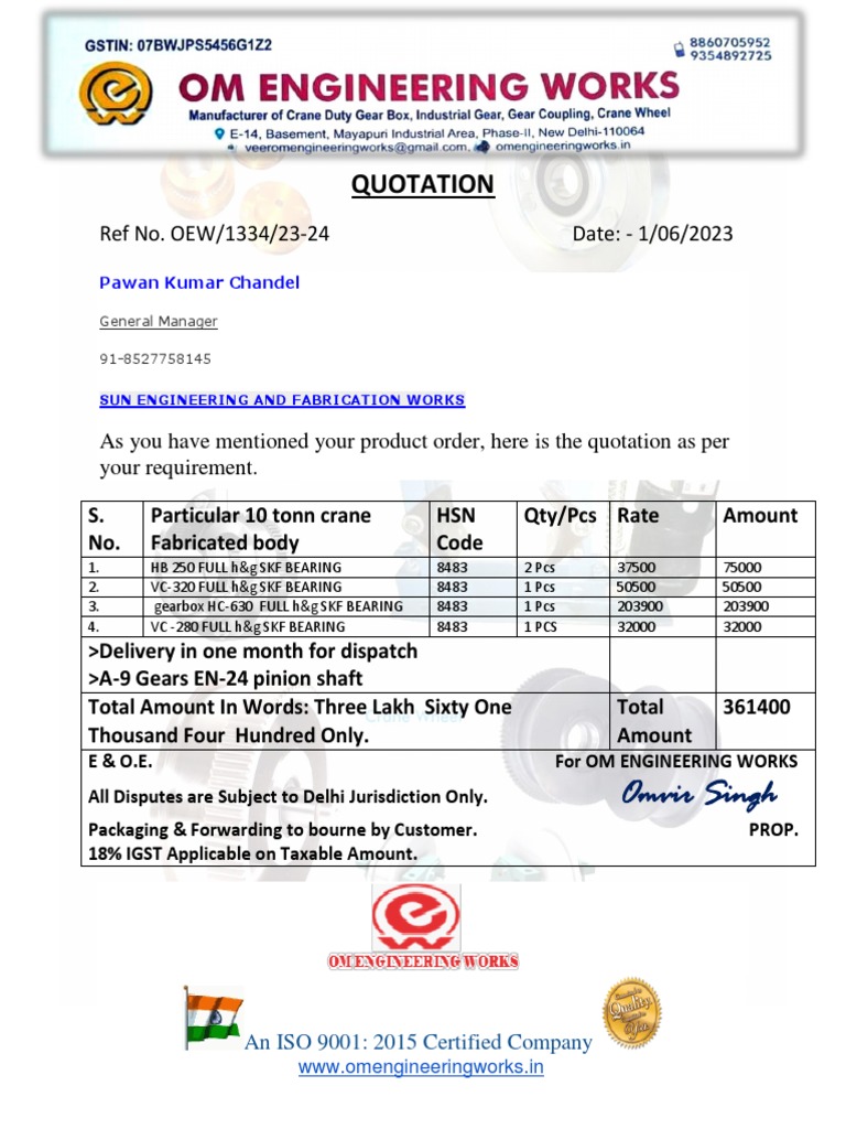 Quotation for 10 Ton Crane Components | PDF