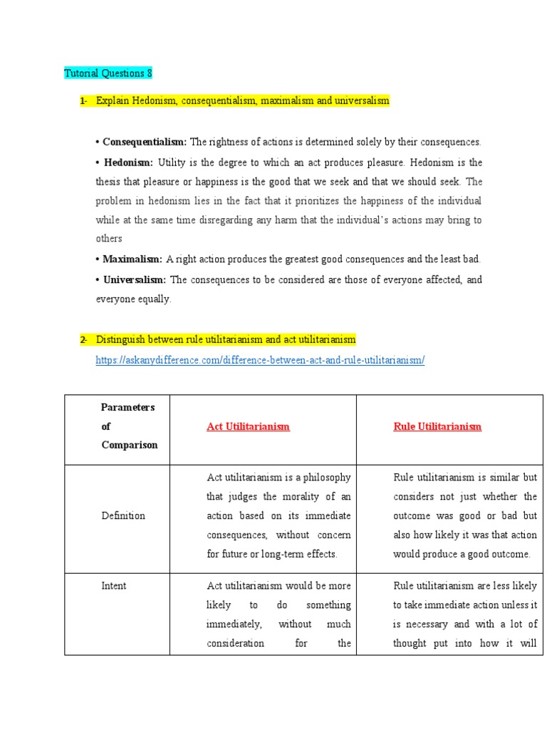 Tutorial 8 | PDF | Utilitarianism | Pleasure