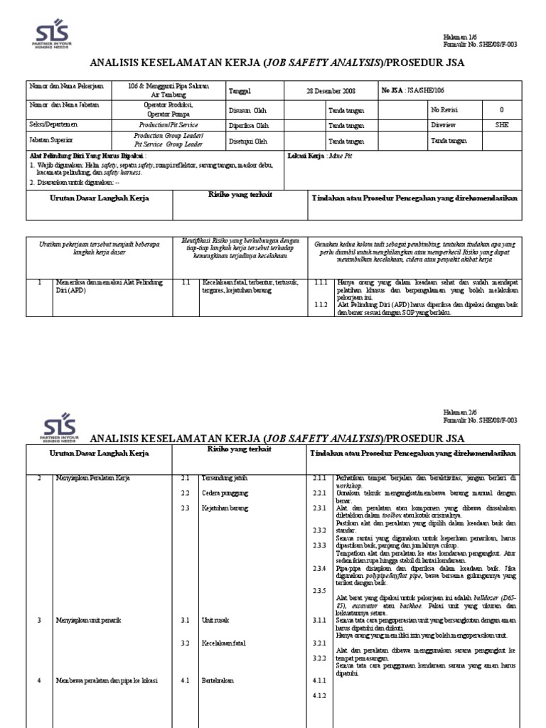 JSA Mengganti Pipa Saluran Air Tambang | PDF