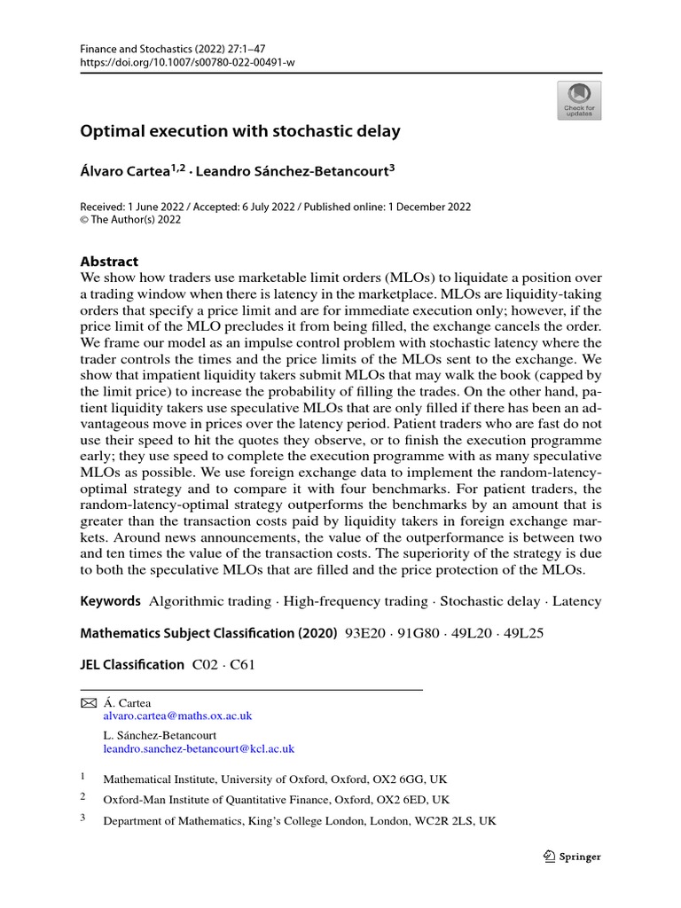 Optimal Execution With Stochastic Delay: Álvaro Cartea Leandro Sánchez-Betancourt | PDF | Order ...