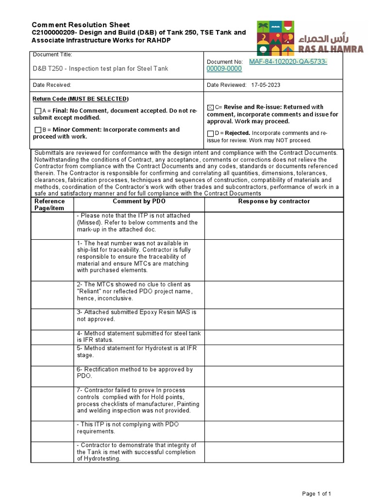 D&B T250 - PDO Comment Sheet | PDF | Engineering