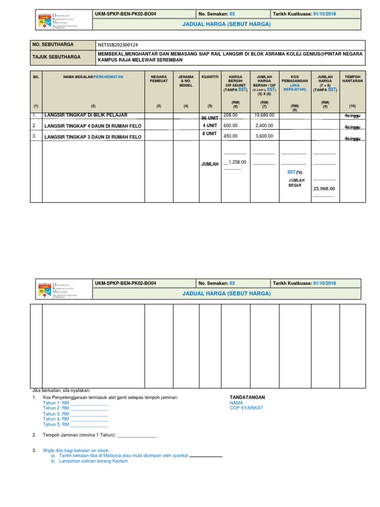 Set B - Dokumen 4 - Borang Sebut Harga - Borang Sebutharga - 66136 | PDF