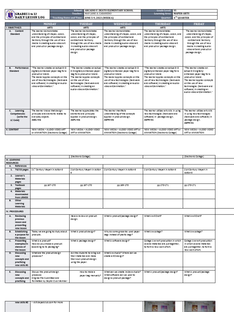 DLL Mapeh-6 Q4 W6 | PDF | 3 D Computer Graphics | Learning