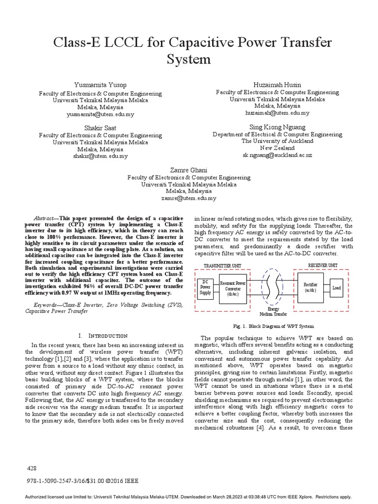 Class-E LCCL For Capacitive Power Transfer System | PDF