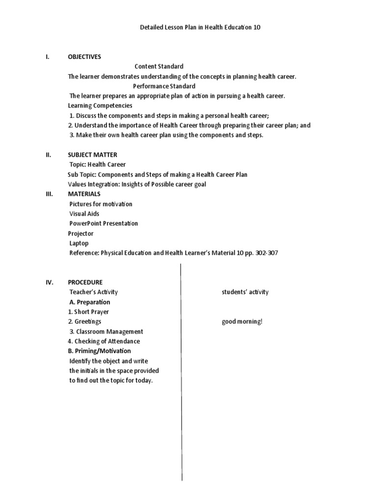 Detailed Lesson Plan in Health Education 10 | PDF | Career & Growth ...