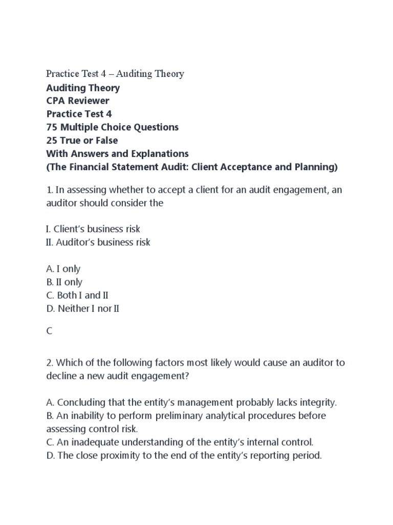 Practice Test 4 – Auditing Theory | PDF | Financial Audit | Audit