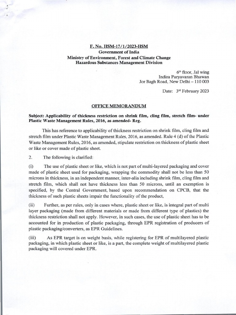 MoEFCC - OM - CPCB - 03.02.2023 - Applicability of Thickness ...