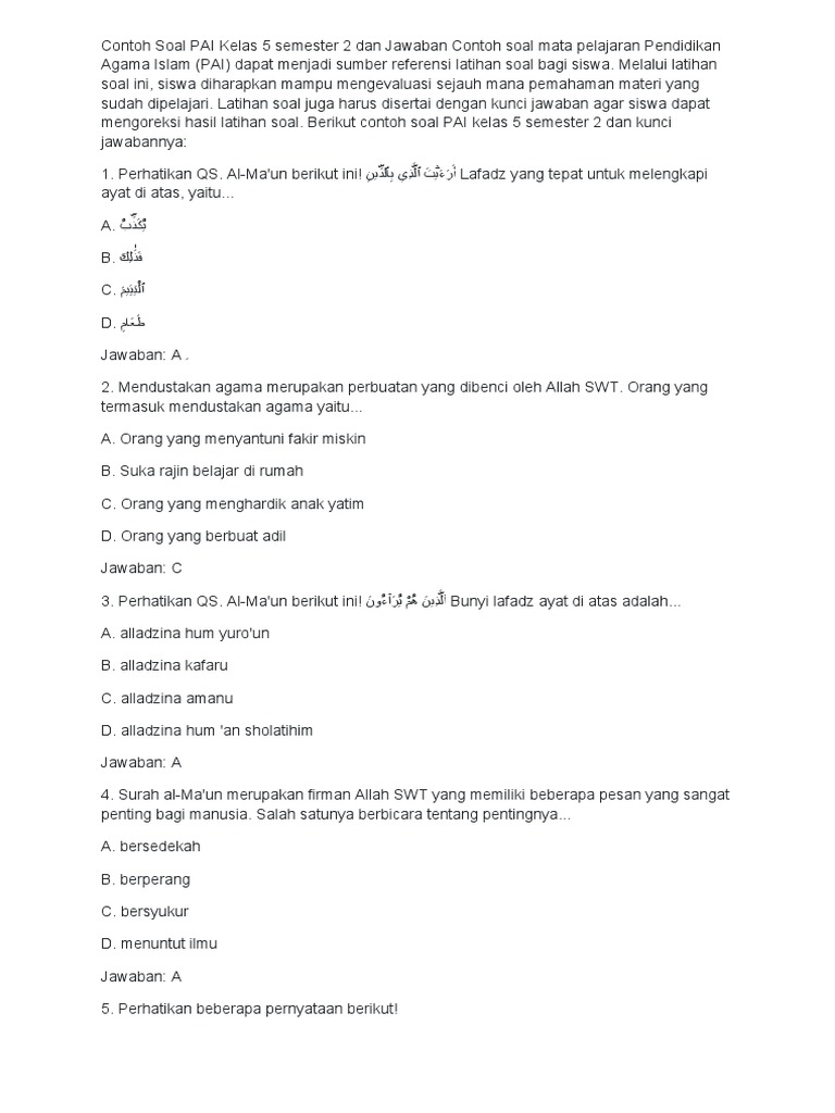 Contoh Soal PAI Kelas 5 Semester 2 Dan Jawaban Contoh Soal Mata Pelajaran Pendidikan Agama Islam ...