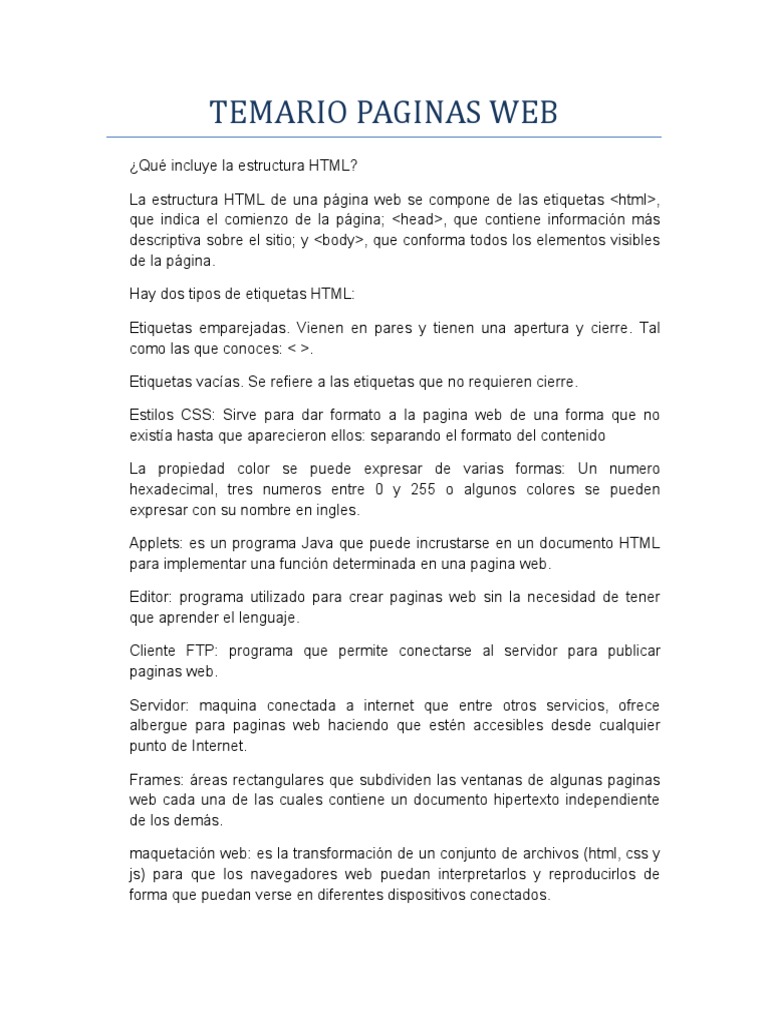 TEMARIO PAGINAS WEB Programación | PDF