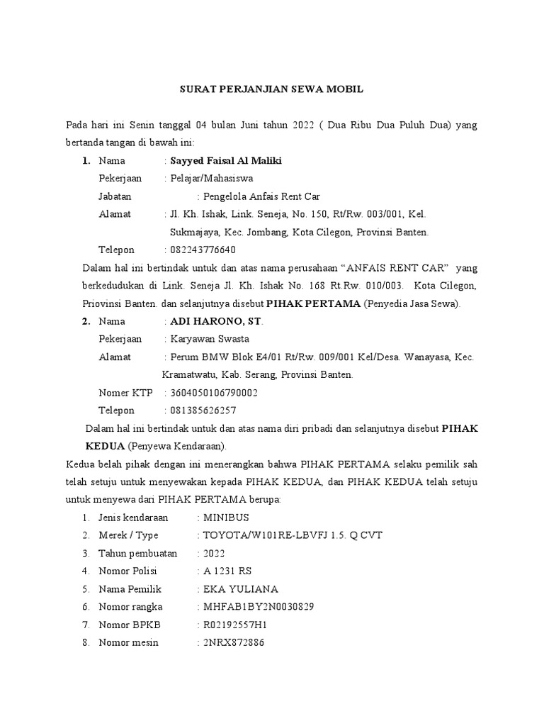 Surat Perjanjian Sewa Mobil | PDF