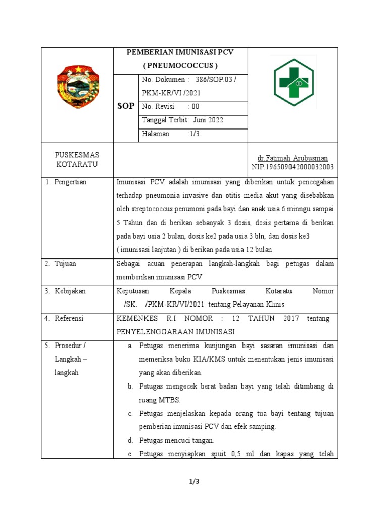 Sop Pemberian Imunisasi PCV | PDF