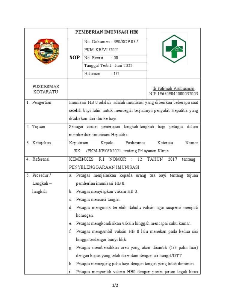Sop Pemberian Imunisasi Hb0 | PDF | Kesehatan Holistik | Sains & Matematika