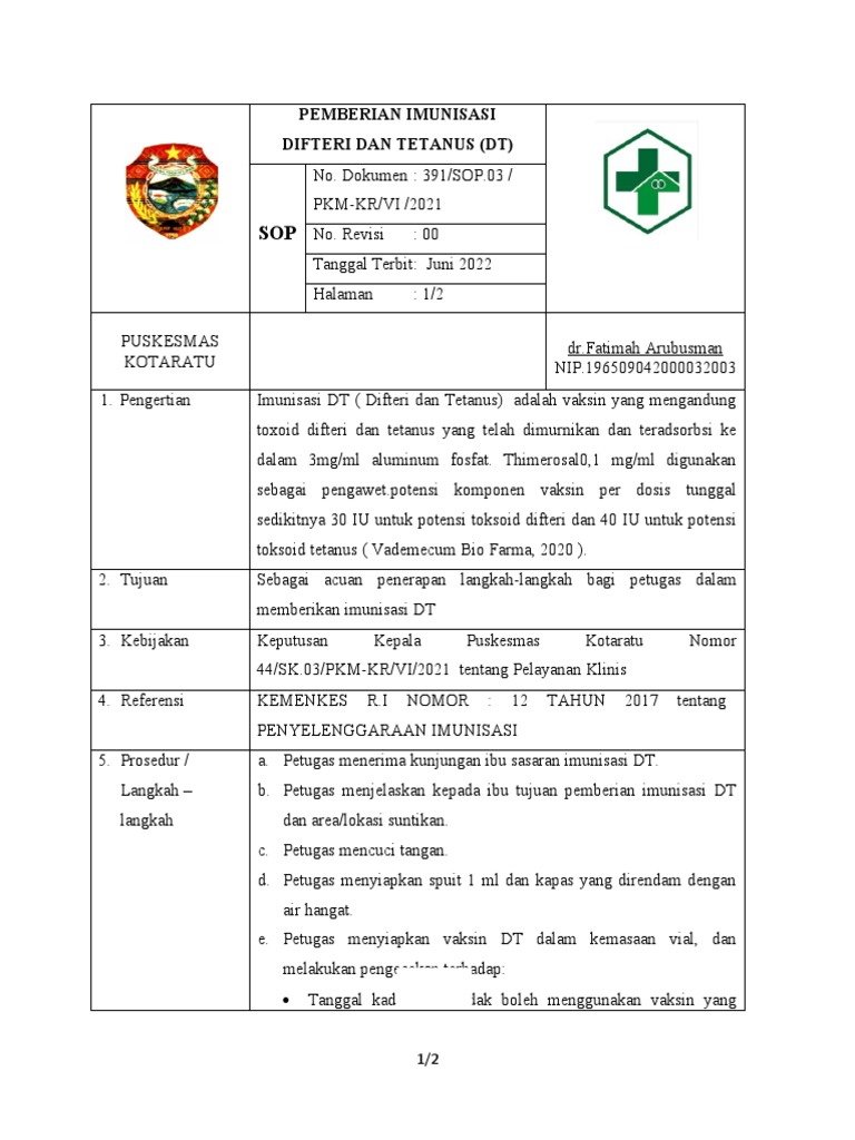 Sop Pemberian Imunisasi DT (Difteri Dan Tetanus) | PDF | Sains & Matematika