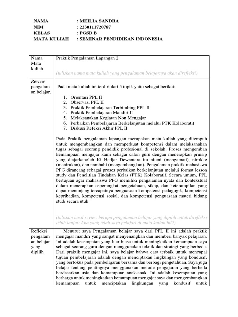 Jurnal Refleksi - PPL 2 | PDF | Karier & Perkembangan | Pengembangan Diri
