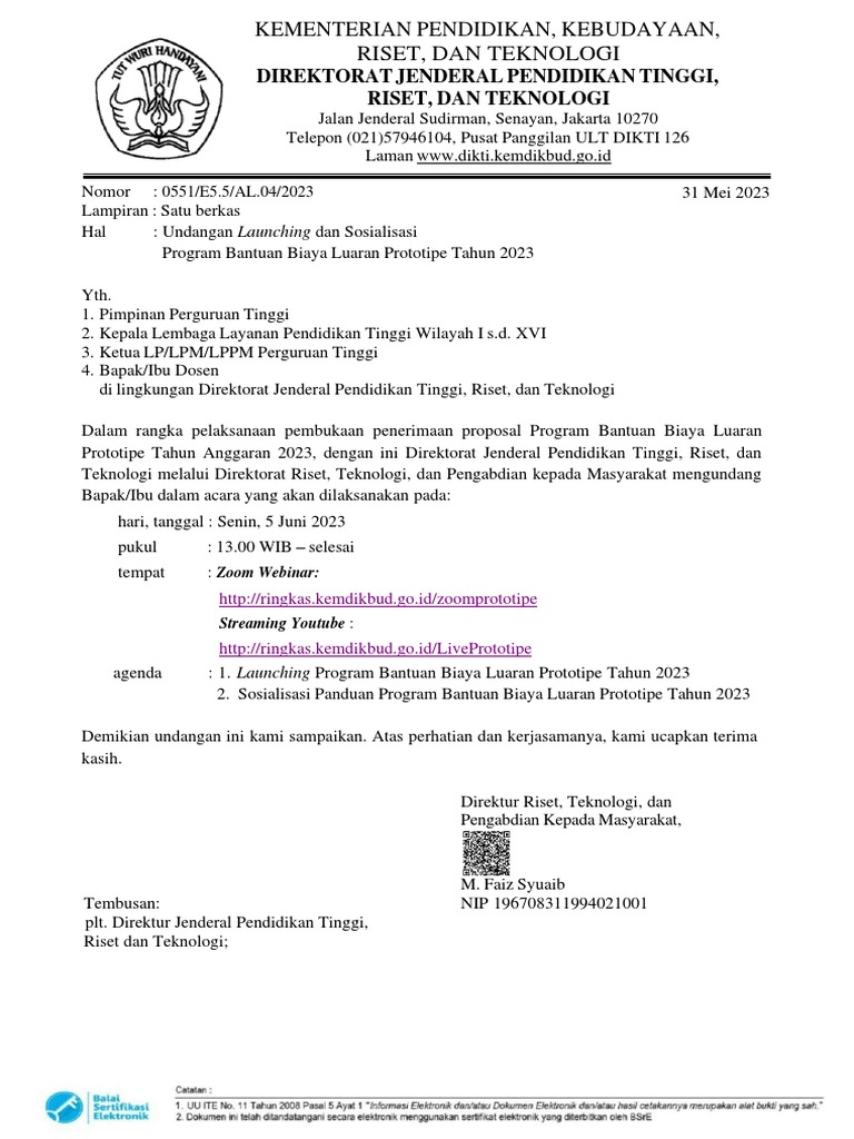 Undangan Launching Dan Sosialisasi Program Bantuan Biaya Luaran Prototipe Tahun 2023 | PDF