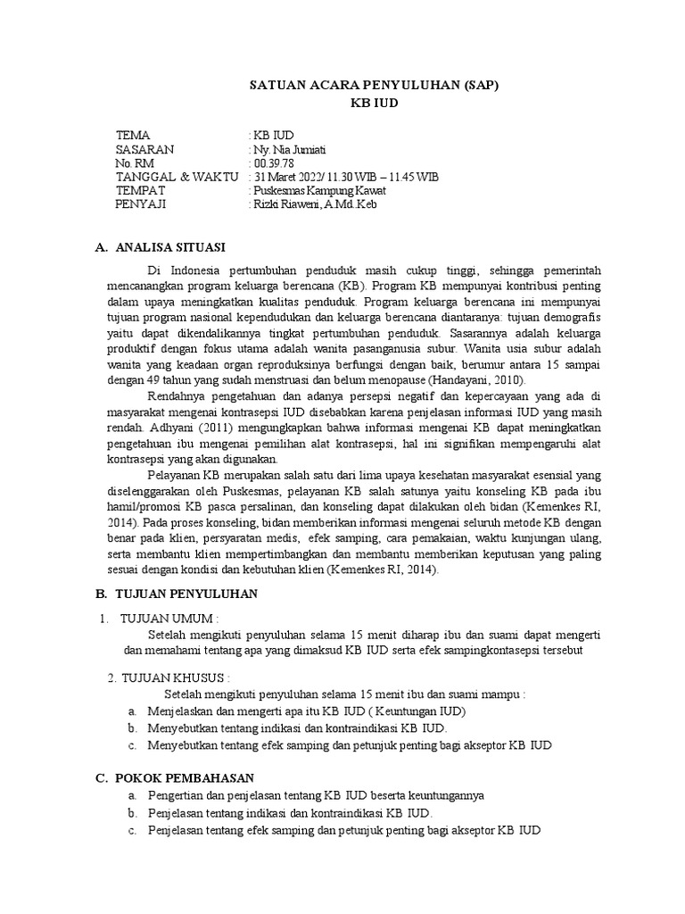 Satuan Acara Penyuluhan KB Iud | PDF | Pengembangan Diri | Kesehatan ...