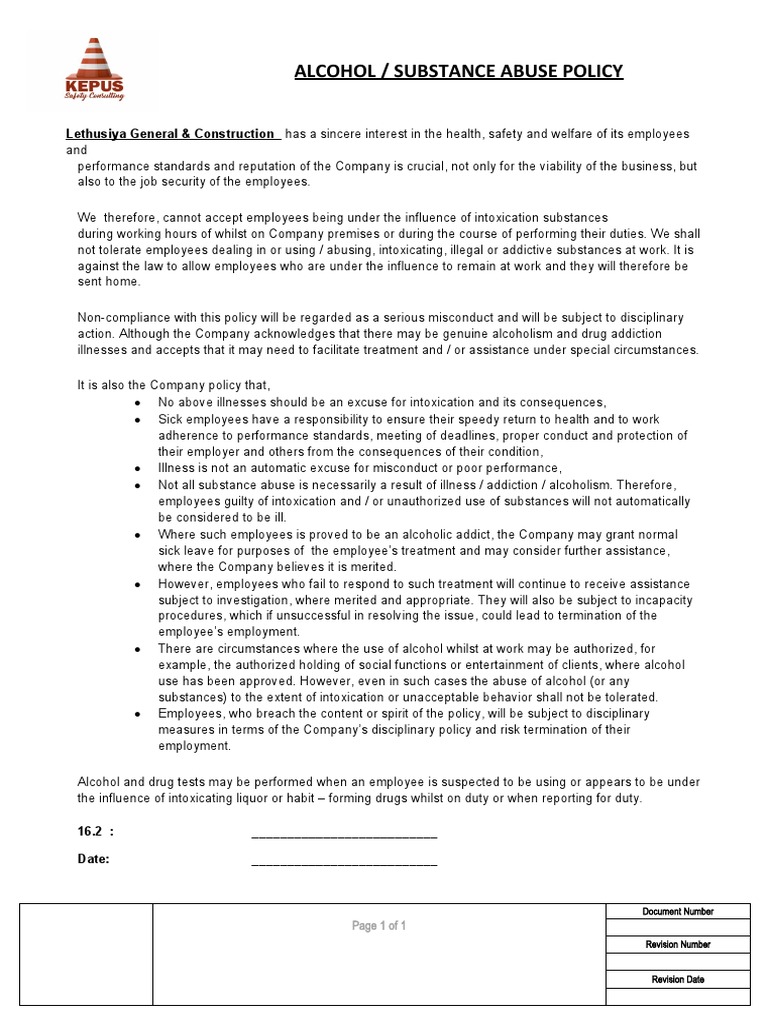 Policy - Alcohol Substance Abuse | PDF | Substance Abuse | Employment