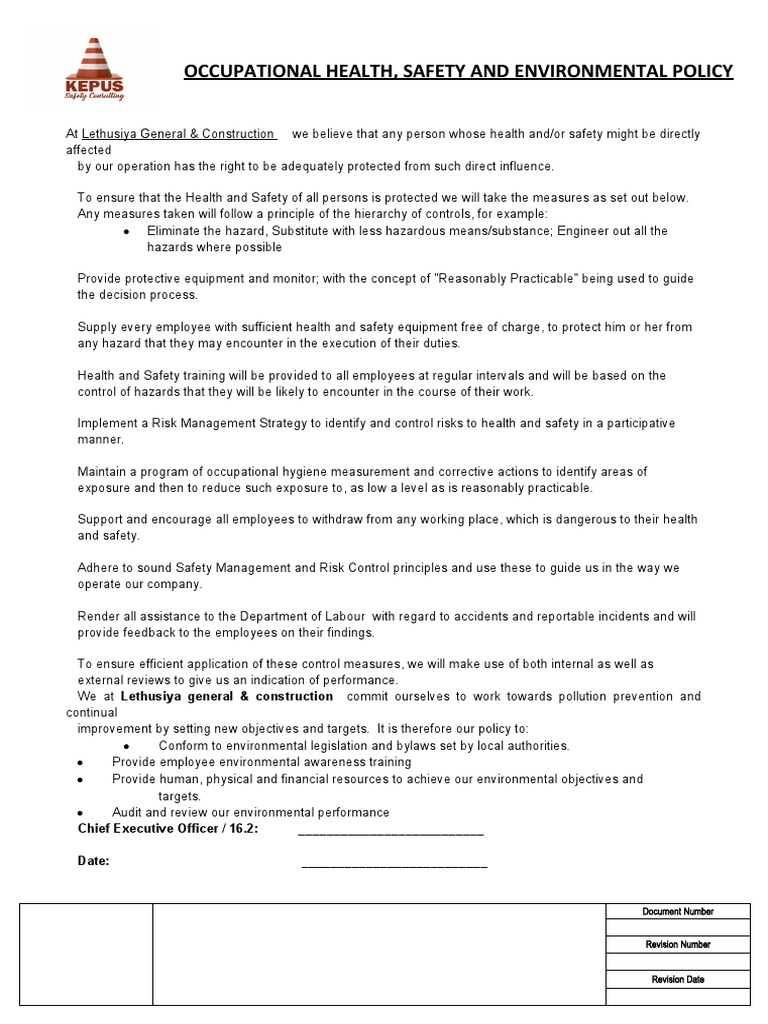 Policy - Health, Safety and Environmental | PDF | Occupational Safety ...