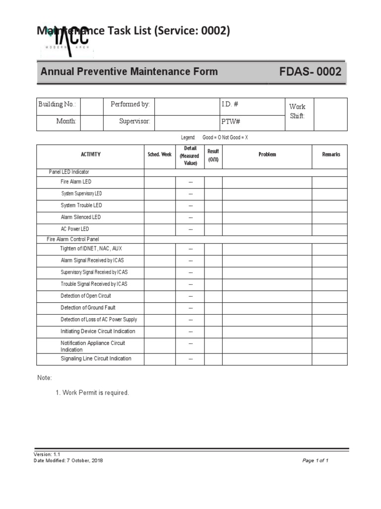 Maintenance Task List (Service: 0002) : Annual Preventive Maintenance ...