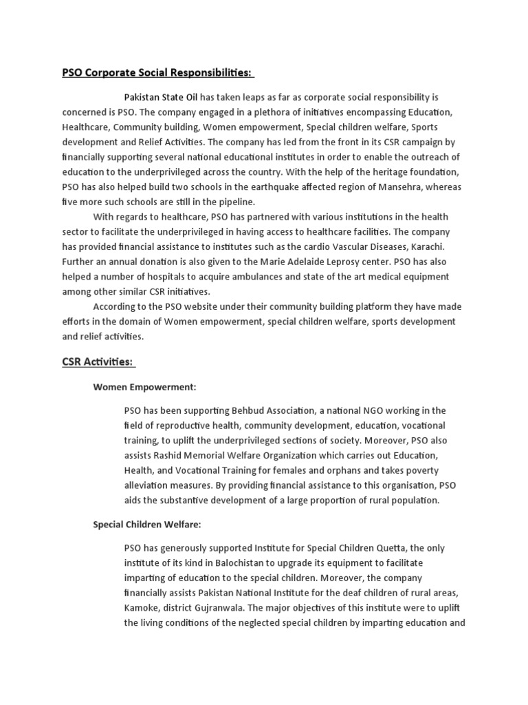 PSO Corporate Social Responsibilities | PDF | Corporate Social ...