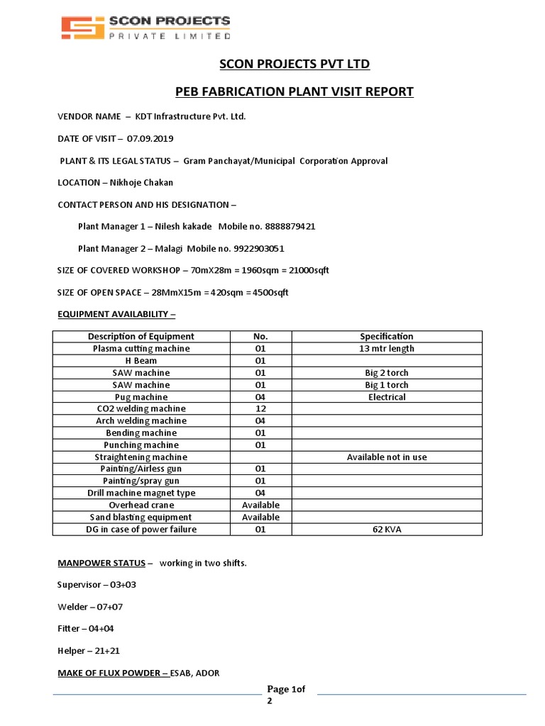 PEB Vendor Fabrication Plant visit Report | PDF
